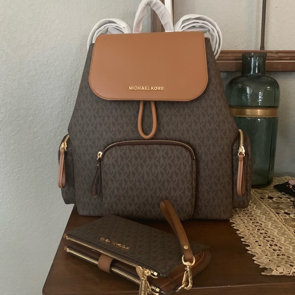Michael Kors | Bags | New Mk Brown Set Backpack Double Zipper | Poshmark